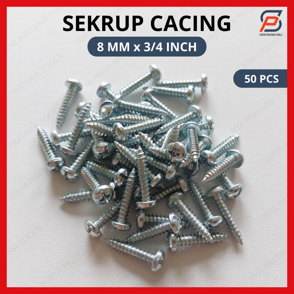 Jual Sekrup Cacing JP 8 mm x 3/4 inch Isi 50 Pcs / Skrup Tapping 8 mm x ...