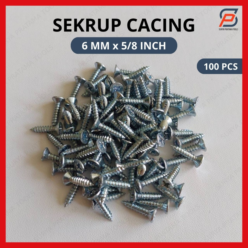Jual Sekrup Cacing JF 6 mm x 5/8 inch Isi 100 Pcs / Skrup Tapping 6 mm ...