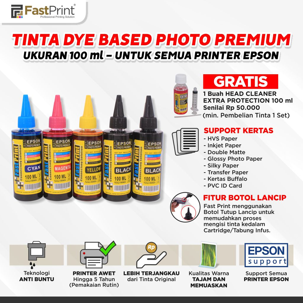 Jual Fast Print Tinta Printer Refill Epson Dye Premium 1 Set 5 Warna ...