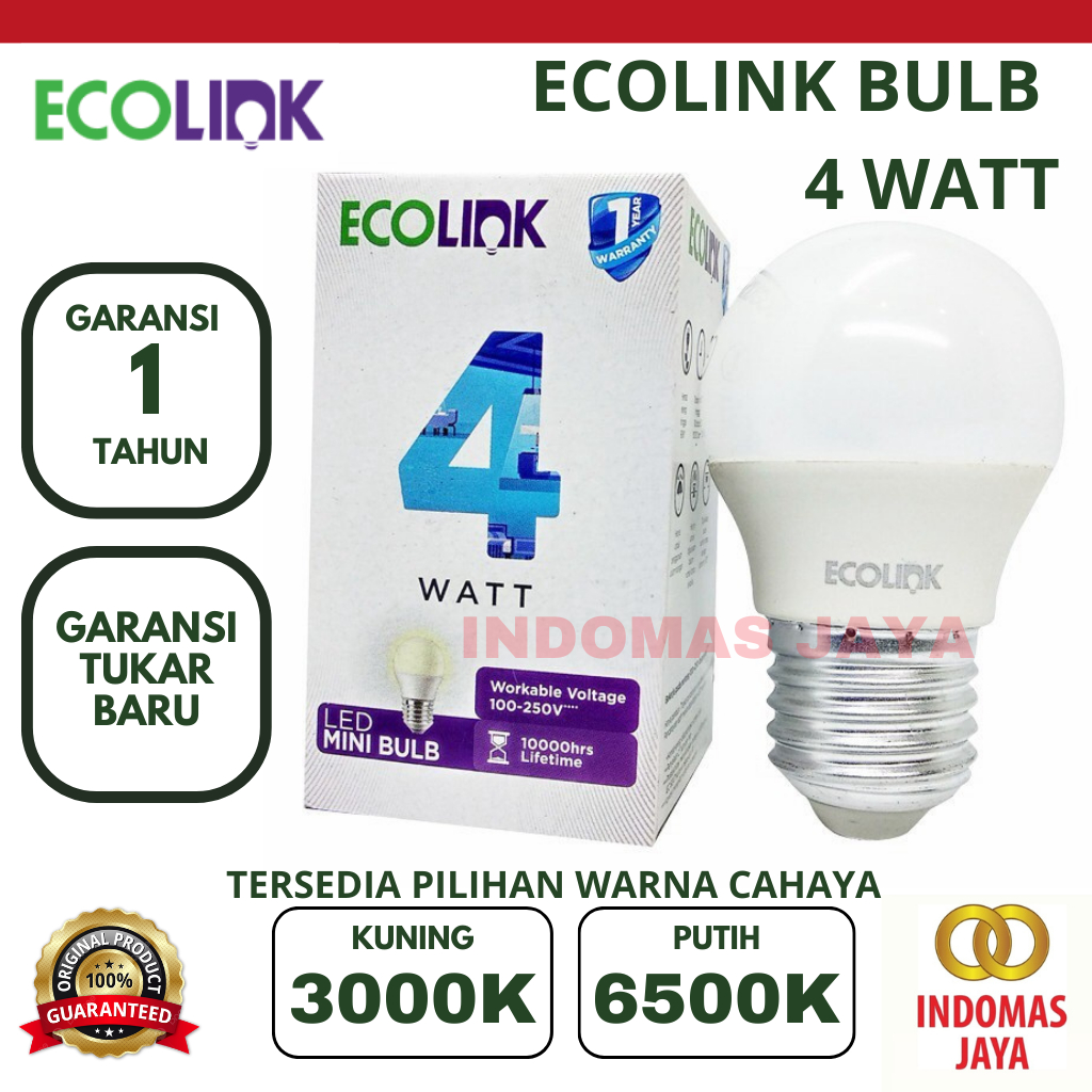 Jual Ecolink Lampu LED Bulb Bohlam 4w 4 watt 4watt Bulb Putih 6500k / Kuning 3000k TAHAN LAMA ...