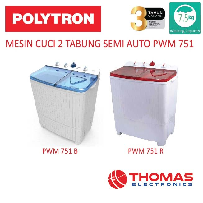 Jual Mesin Cuci 2 Tabung Polytron PWM751 PWM 751 7.5 Kg Semi Auto Garansi Resmi | Shopee Indonesia