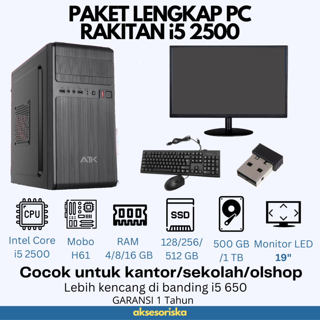 Jual PAKET LENGKAP PC RAKITAN KOMPUTER KANTOR Intel Core i5 MONITOR LED ...