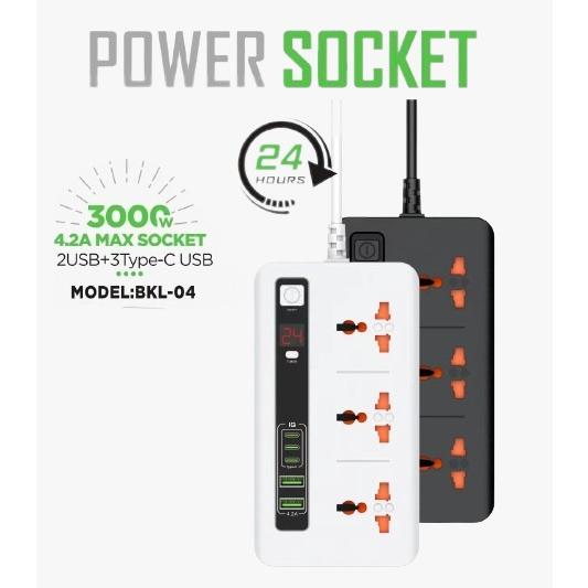Jual BKL-04 4.2A 3 Port Type C Power Socket Stop Kontak Waktu Charger ...