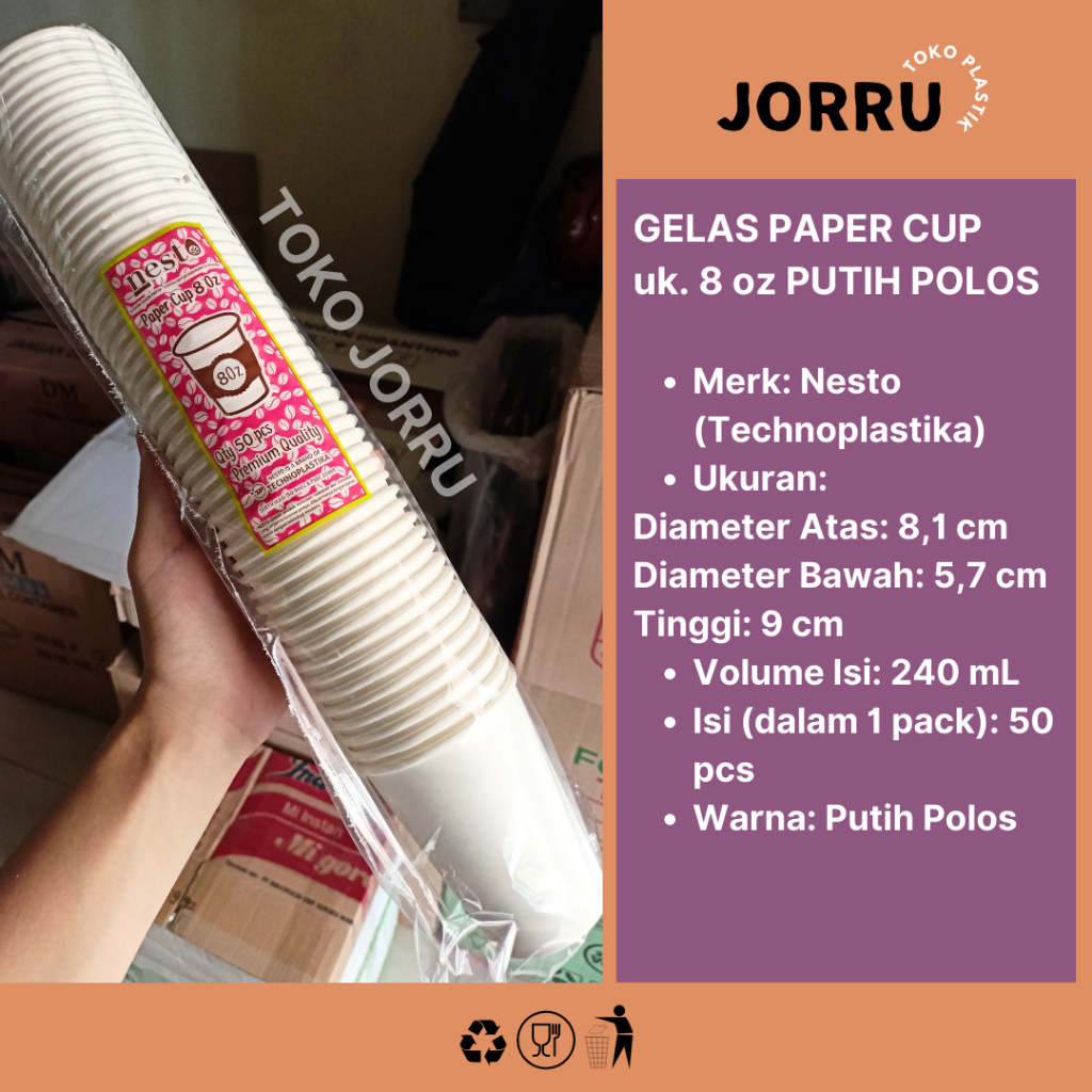 Jual GELAS PAPER CUP UKURAN 8 OZ PUTIH POLOS - BAHAN KERTAS 240 mL - ISI 50 PCS | Shopee Indonesia