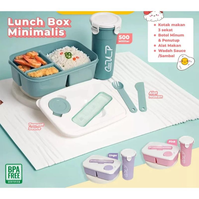 Jual Kotak Bekal Set / Lunch Box Set Sekat 3 Free Botol dan Alat Makan | Shopee Indonesia