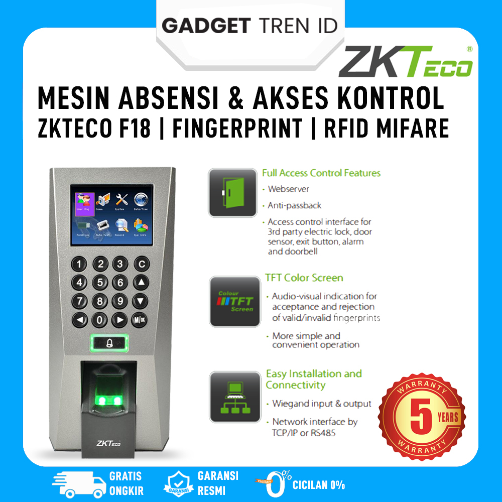 Jual Mesin Absensi & Akses Kontrol | Fingerprint | ZKTeco F18 | RFID Kartu MIFARE Bergaransi 5 ...