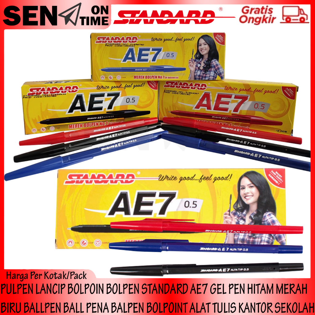 Jual PENA MERAH HITAM BIRU PULPEN STANDARD AE7 PEN OIL GEL GROSIR PER PACK BALPENT POINT BOLPOIN ...