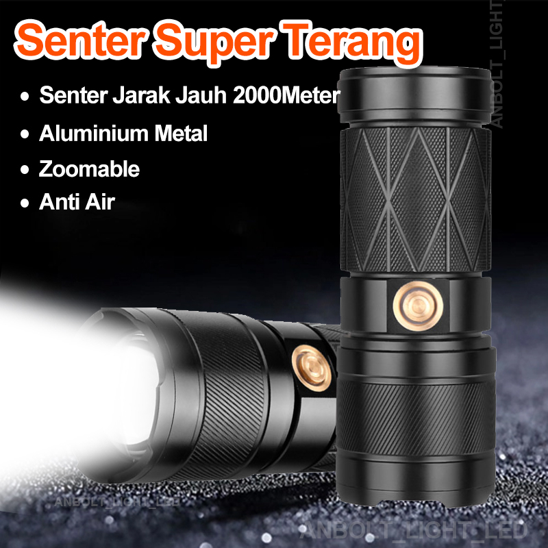 Jual Anbolt G48 Senter LED Super Terang Jarak Jauh 2000 meter Zoomable Senter Mini Anti Air ...