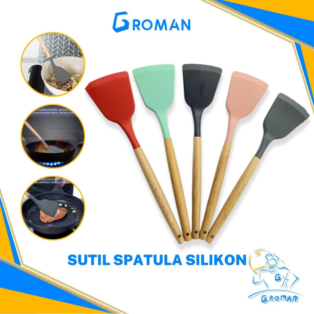 Jual Spatula Silikon Sutil Masak Tumis Gagang Kayu Anti Lengket Tahan ...