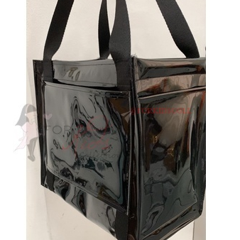 Jual Tas mika PVC hitam Custom tali webing dengan slot cantolan koper ...