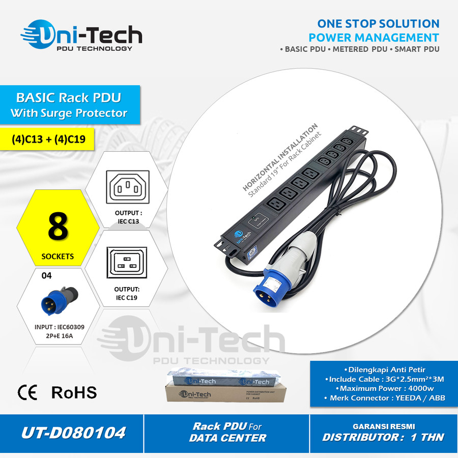 Jual Basic PDU 8 Holes Sockets C13 dan C19 Input IEC309 2P+E 16A | Shopee Indonesia