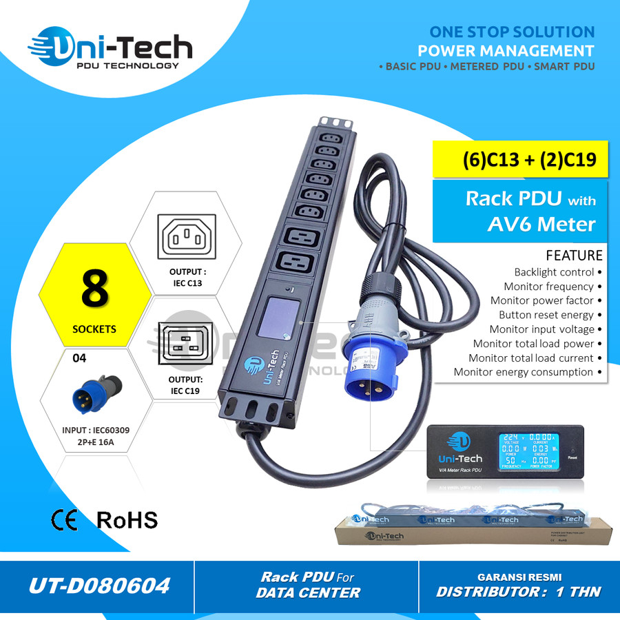 Jual PDU 8 Sockets C13+C19 with AV6 Meter Input IEC309 2P+E 16A | Shopee Indonesia