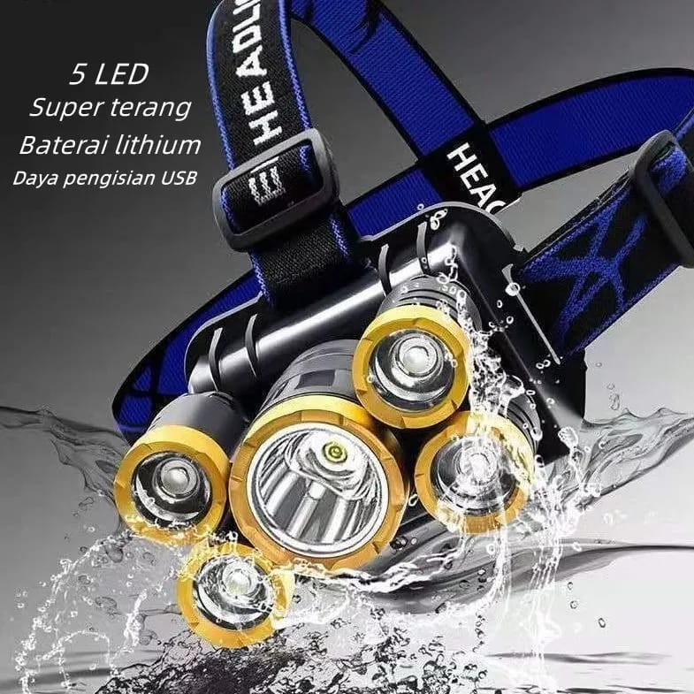 Jual Senter Kepala Headlamp 5 LED Terang-Tahan Air-Dapat Dicharging | Shopee Indonesia