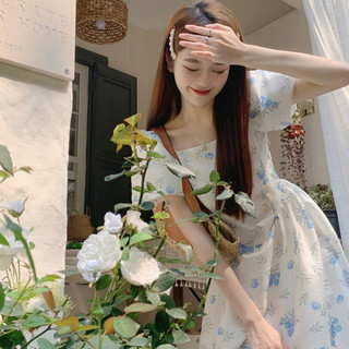 Jual Gaun panjang bunga biru lembut Prancis dengan rasa tinggi gaun ...