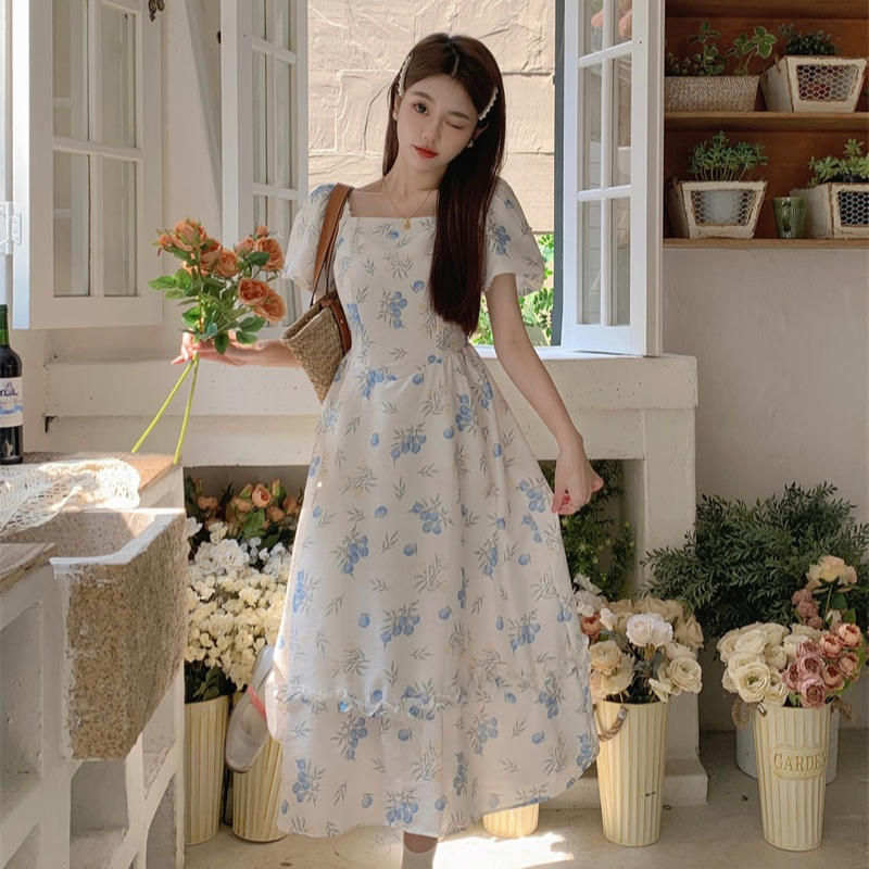 Jual Gaun panjang bunga biru lembut Prancis dengan rasa tinggi gaun ...