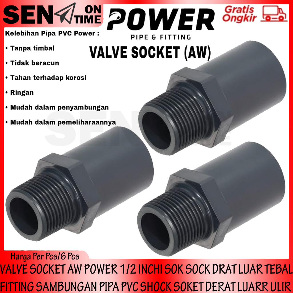Jual SOK SOCK DRAT LUAR AW POWER 1/2 INCHI VALVE SOCKET TEBAL FITTING ...