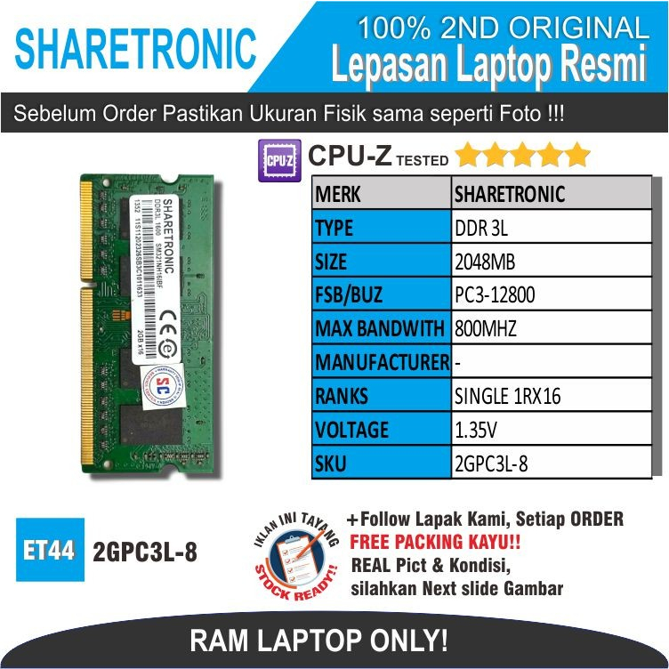 Jual ET44 2GPC3L-8 RAM Laptop SHARETRONIC PC3-12800 2048MB SINGLE 1RX16 ...