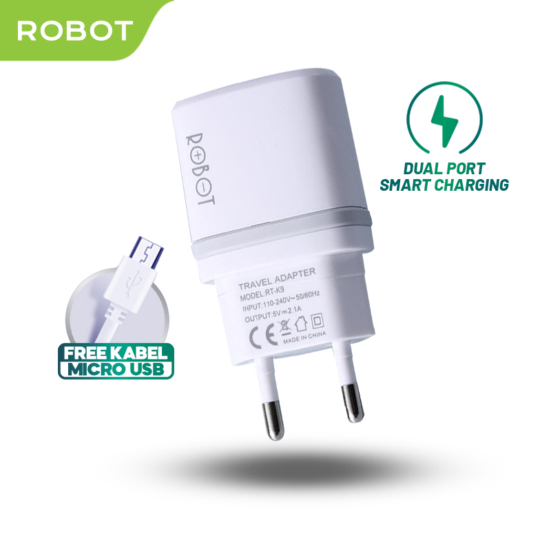 Jual ROBOT Kepala Charger Fast Charging Kabel Micro USB 2.1A Kepala Charger Adaptor Kepala ...