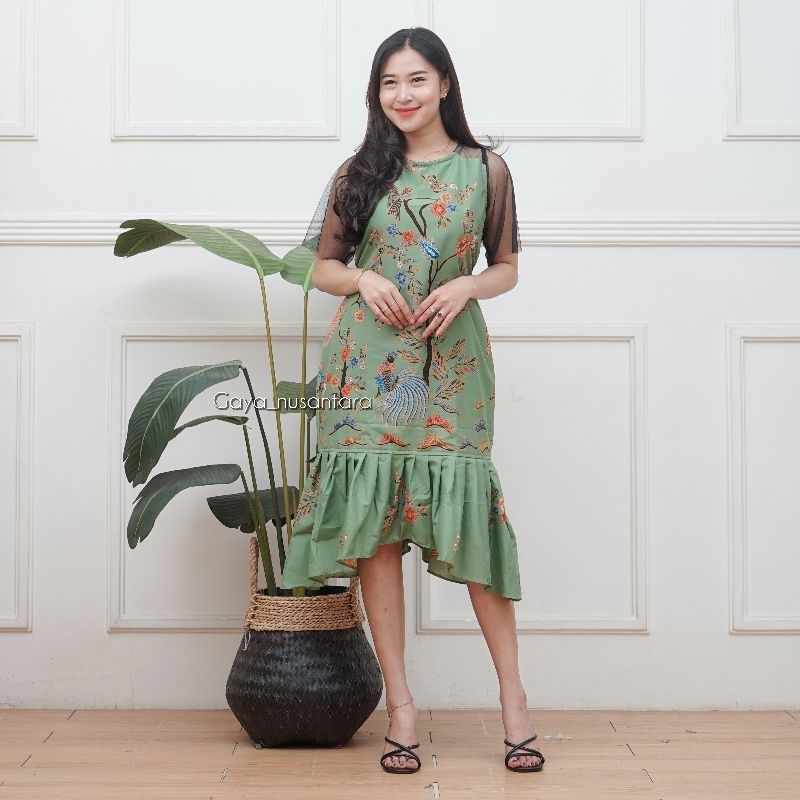 Jual dress pesta kalina sage - dress batik modern - dress kondangan ...