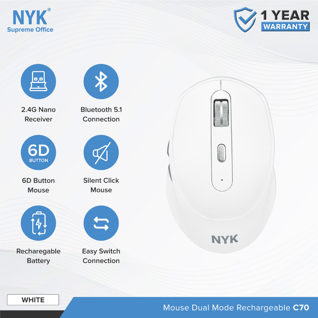 Jual NYK Mouse C70 Silent Click Bluetooth Wireless White Rechargeable ...