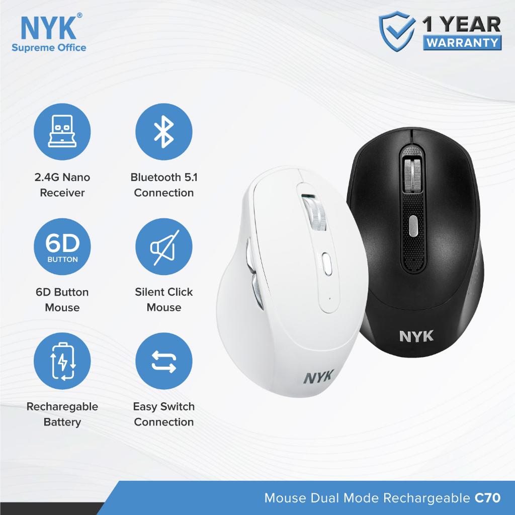 Jual NYK Mouse C70 Silent Click Bluetooth Wireless White Rechargeable ...