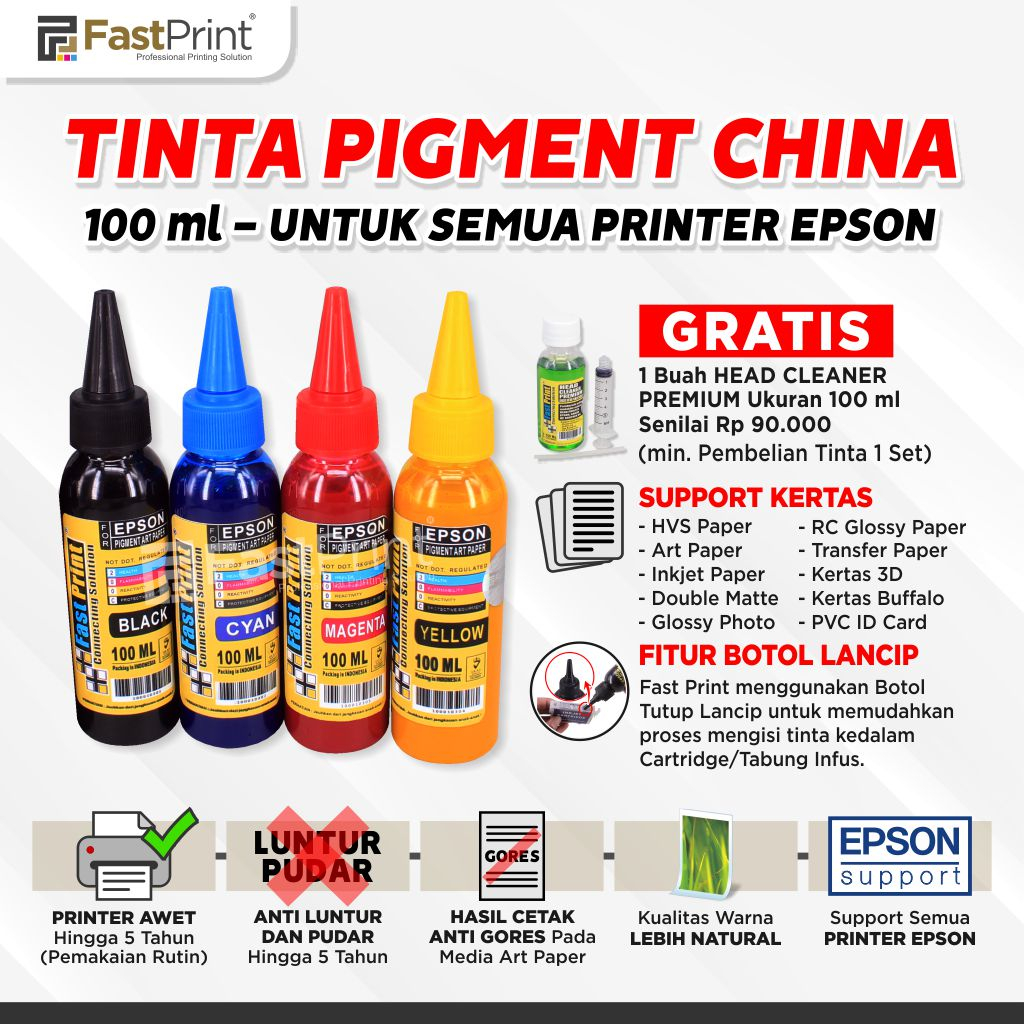 Jual Fast Print Tinta Pigment Art Paper China Epson 100ML 1 Set 4 Warna ...