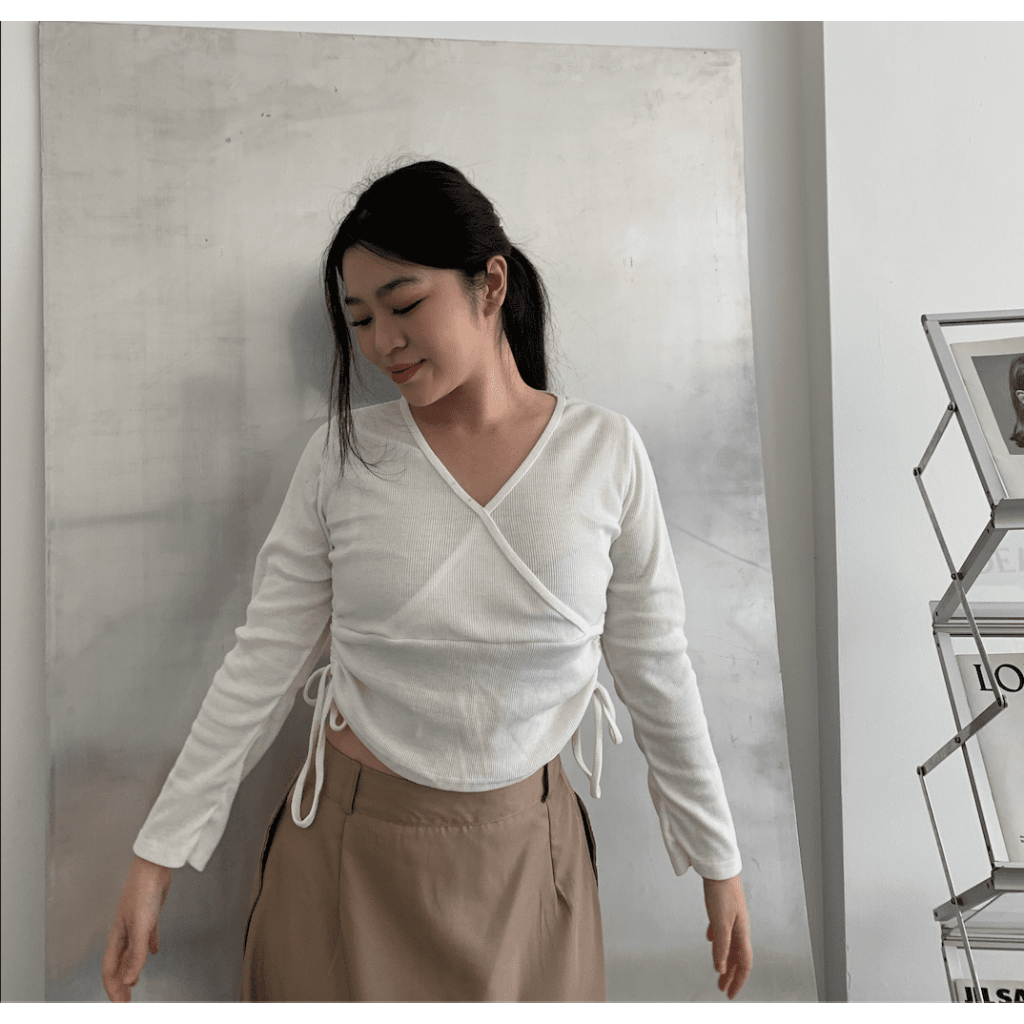 Jual RILEY Top l Crop top Tali Serut l Rib Knit Premium l V Neck Serut ...