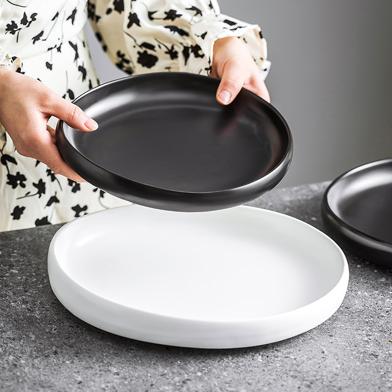 Jual Piring Keramik Putih Hitam Bentuk Bulat Oval Unik Simple Aesthetic ...