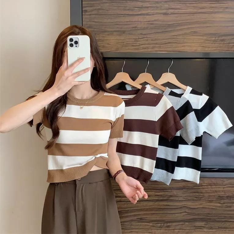 Jual ATASAN RAJUT WANITA KEKINIAN CROP KNIT STRIP LENGAN PENDEK/BAJU ...