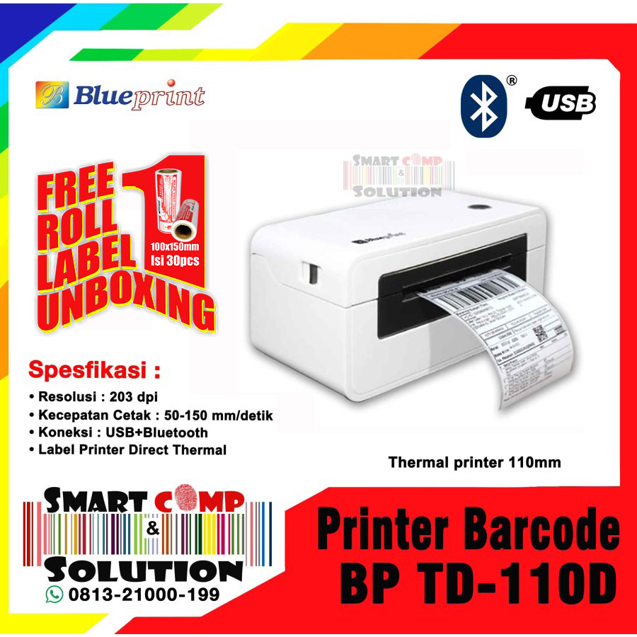 Jual Printer Barcode Label Thermal Sticker Resi Blueprint TD110D USB + Bluetooth | Shopee Indonesia