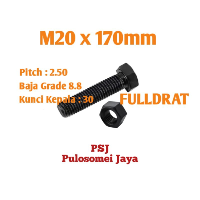 Jual Baut Mur Baja 8.8 M20 x 170 / High Tensile Bolt Grade 8.8 (FD ...