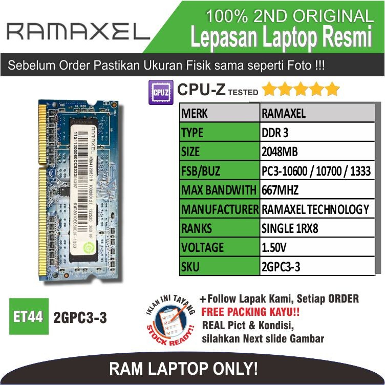 Jual ET44 2GPC3-3 RAM MEMORY Laptop RAMAXEL PC3-10600 2048MB SINGLE ...