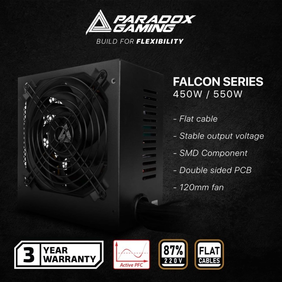 Jual PSU PARADOX GAMING FALCON 550watt 87% FLAT CABLE - PSU 550watt ...