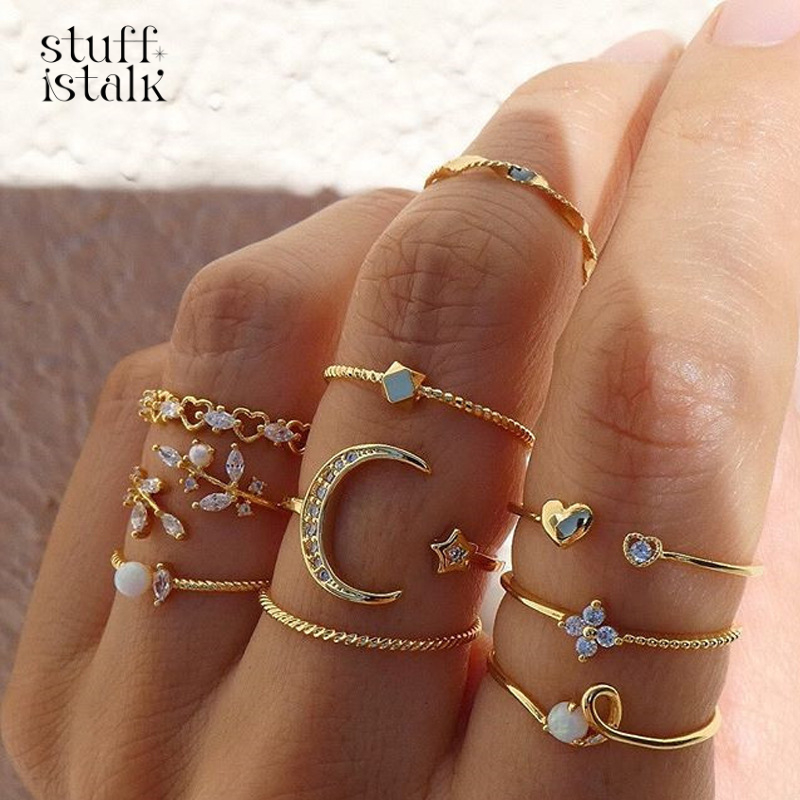 Jual Mireya Cincin 10 Pcs Luxury Gold Ring Set for Women Butterfly Pearl Crystal Oil Drop Rings ...