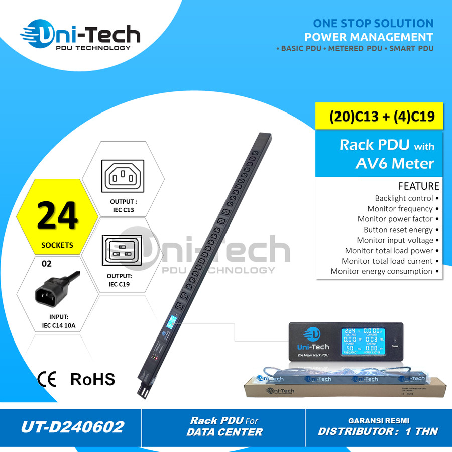Jual PDU 24 Holes Sockets C13+C19 with AV6 Meter Input IEC C14 10A ...