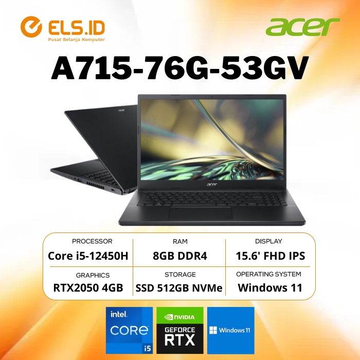 Jual Acer Aspire 7 A715 76G Core i5 12450H 8GB SSD 512GB 15.6" FHD RTX2050 W11+OHS | Shopee ...