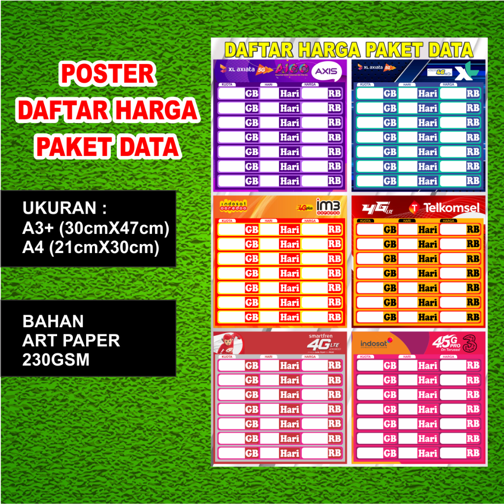 Jual POSTER DAFTAR HARGA PAKET DATA / DAFTAR HARGA KUOTA | Shopee Indonesia