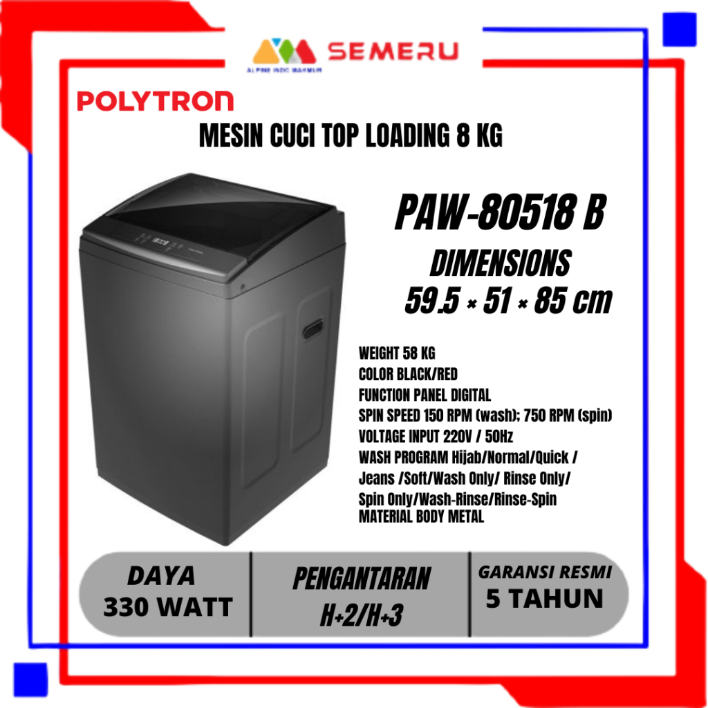 Jual POLYTRON MESIN CUCI TOP LOADING 8 KG PAW-80517/80518/8028/8029 ...