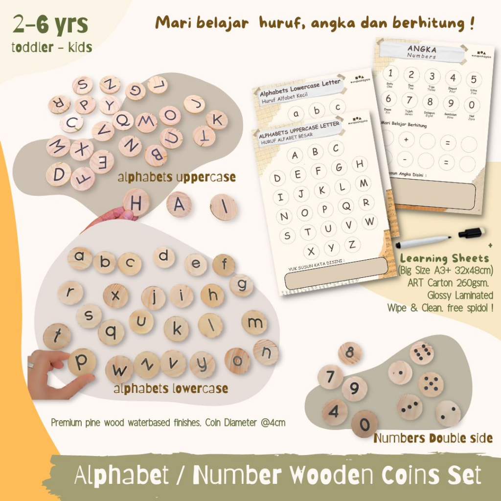 Jual Alphabets / Numbers Wooden Coins Set - Montessori Toys - Set ...