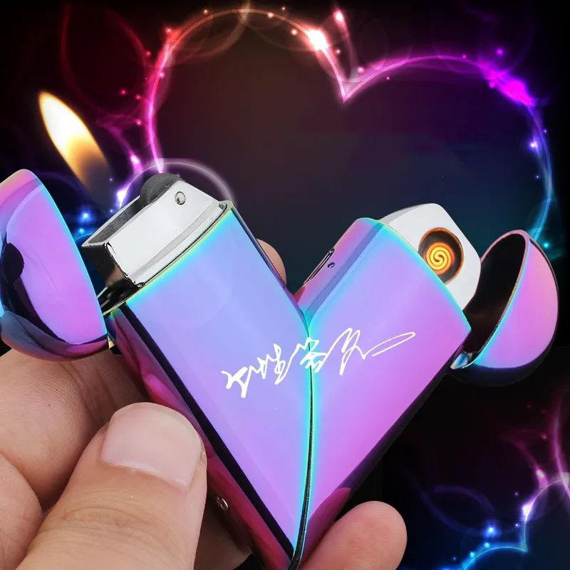 Jual Dual-purpose Gas Electric Rotating Love Heart-shaped Lighter USB ...