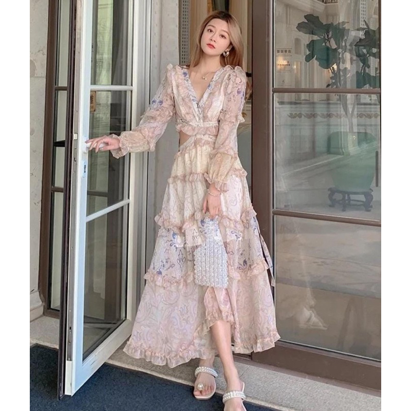 Jual Pink beige longhand ruffle trap maxi premium dress CODE TG-1209 ...