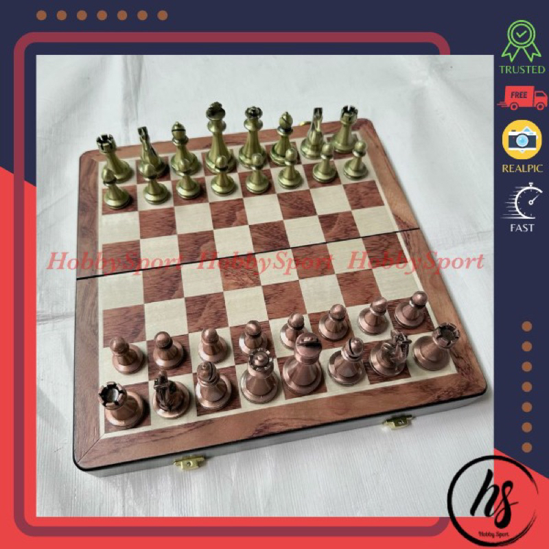 Jual Papan Catur Kayu Bidak Metal Gold Bronze Lipat Fold Chess Board ...