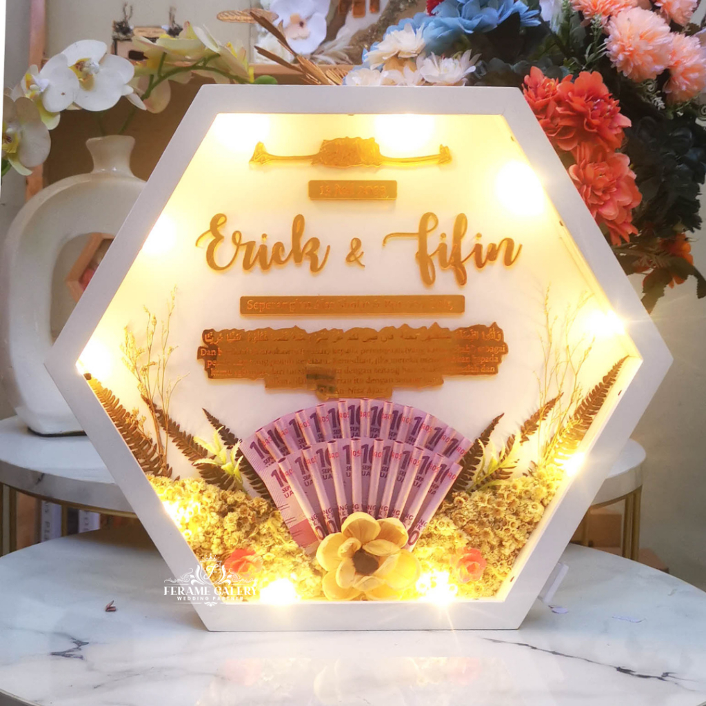 Jual Mahar Pernikahan Akrilik Timbul Bingkai Hexagonal 3D / Frame Mahar Rustic | Shopee Indonesia
