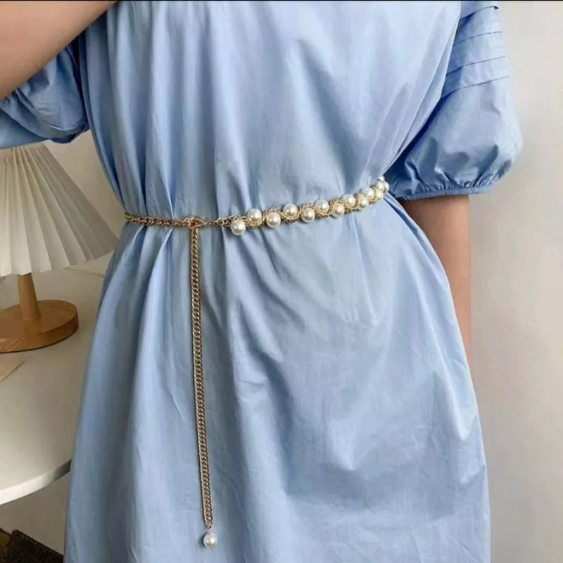 Jual Pearl Rantai Mutiara Ikat Pinggang Ulir Belt dengan Rantai dan Mutiara Kait untuk Wanita ...
