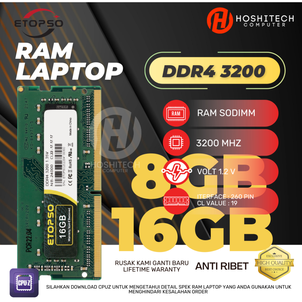 Jual RAM LAPTOP DDR4 16GB 8GB ETOPSO SODIMM 3200 MHZ 1.2V LIFETIME ...