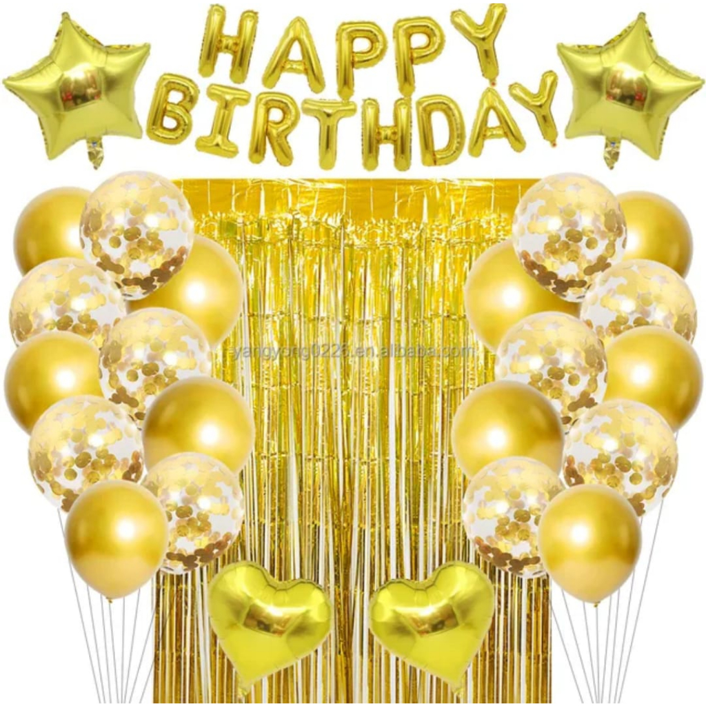 Jual Perlengkapan Set Dekorasi Pesta Ulang Tahun Gold Tirai & Balon ...