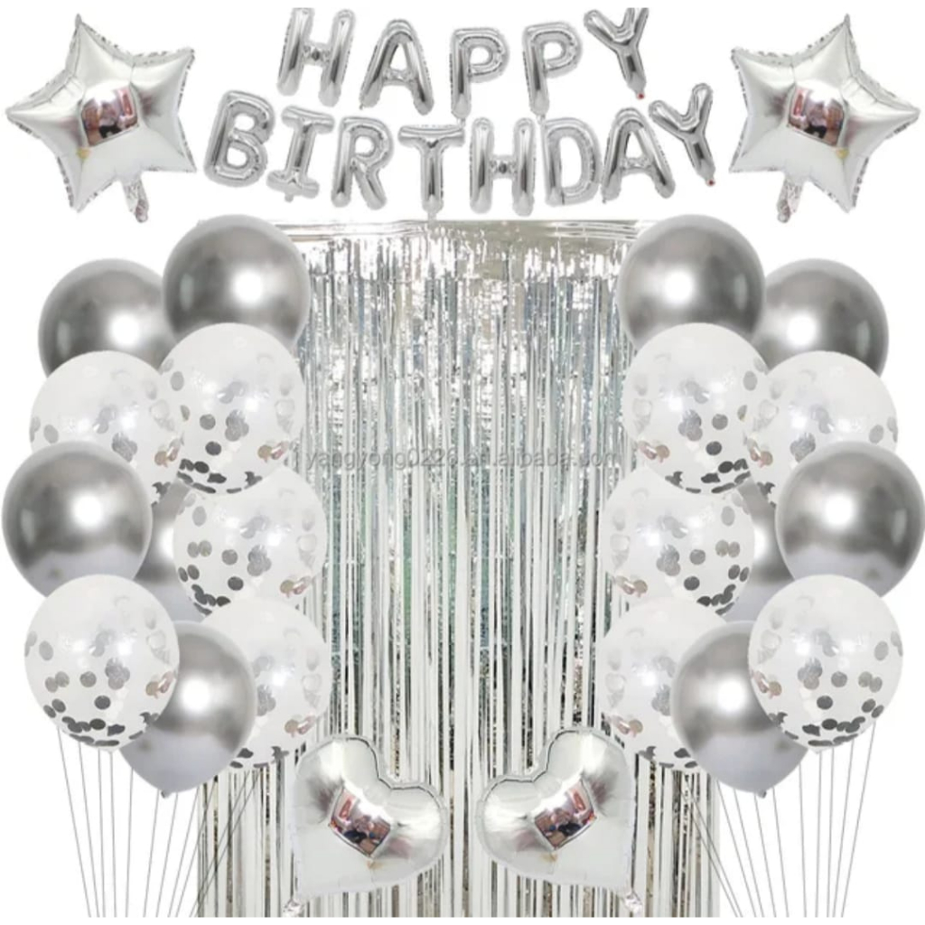 Jual Paket Dekorasi Pesta Ulang Tahun Silver Tirai & Balon Foil Tulisan ...