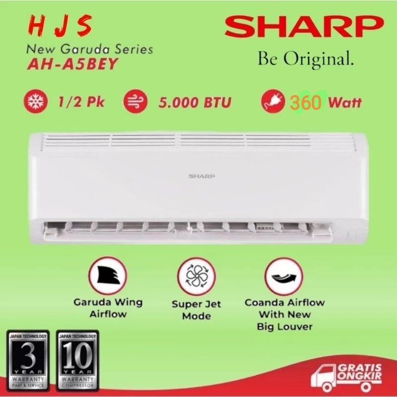 Jual AC SHARP 1/2 PK (0,5 PK) AH-A5BEY / 5BEY AC SPLIT R32 360 WATT | Shopee Indonesia