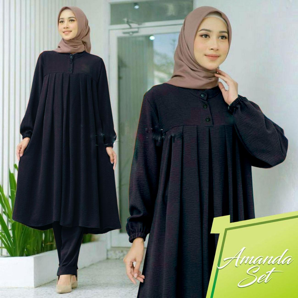 Jual Amanda Setelan Motif Polos Kancing Hidup Crinkle Airflow One set ...
