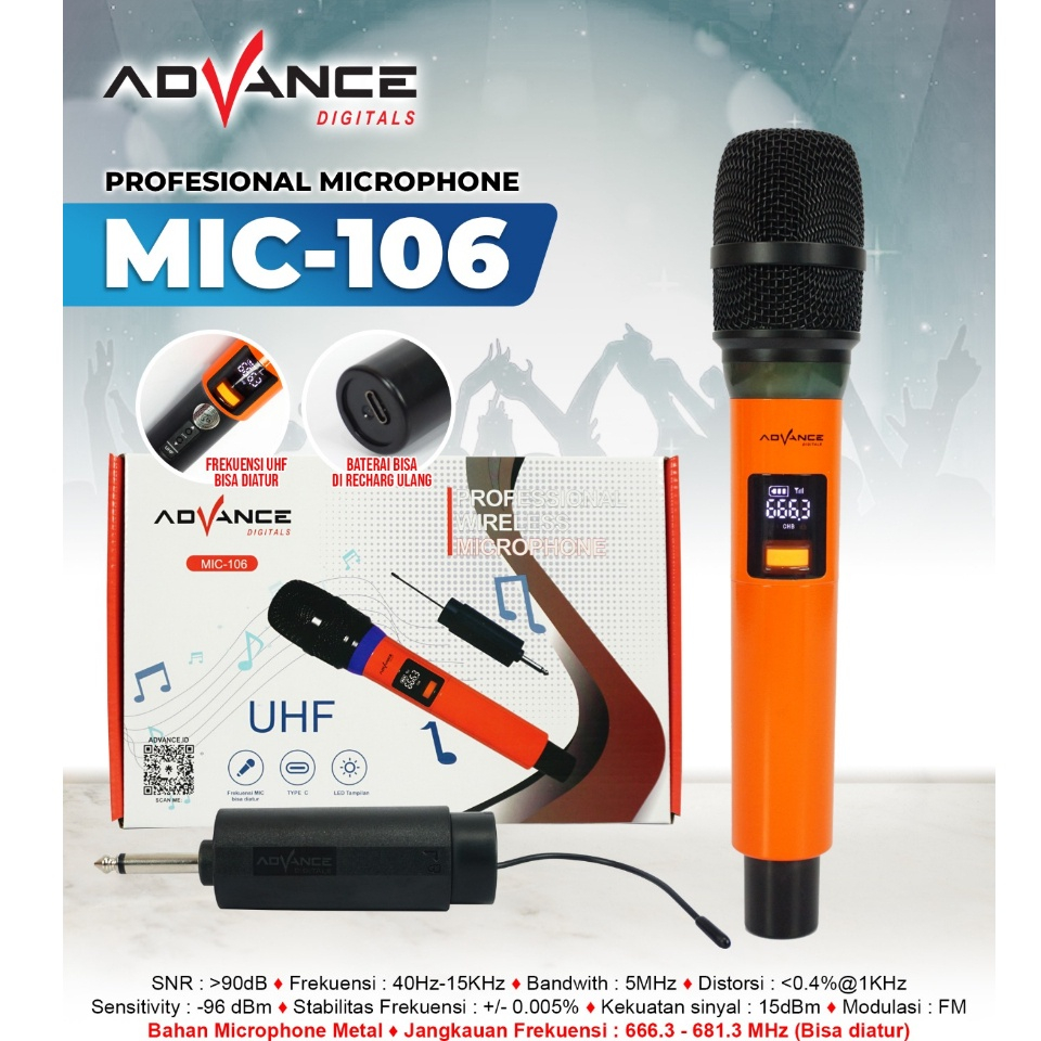 Jual Mic Wireless Single Advance MIC 106 MIC106 UHF / Mic Profesional ...